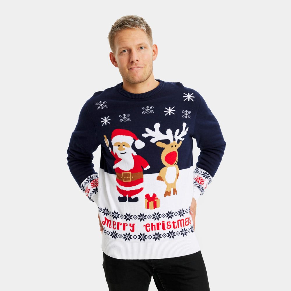 Blue Mens Christmas Jumper with Santa and Rudolph – Christmas Jumper Shop