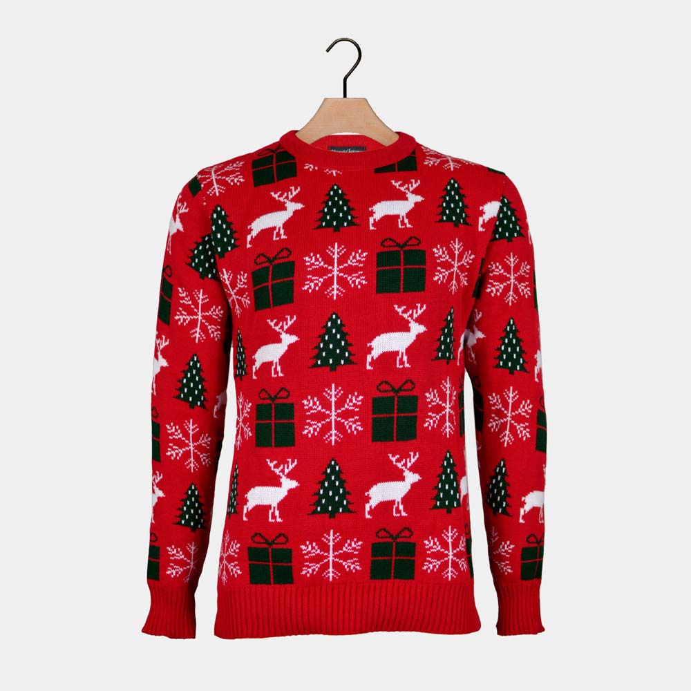Red Mens Christmas Jumper with Reindeers, Gifts and Trees – Christmas ...