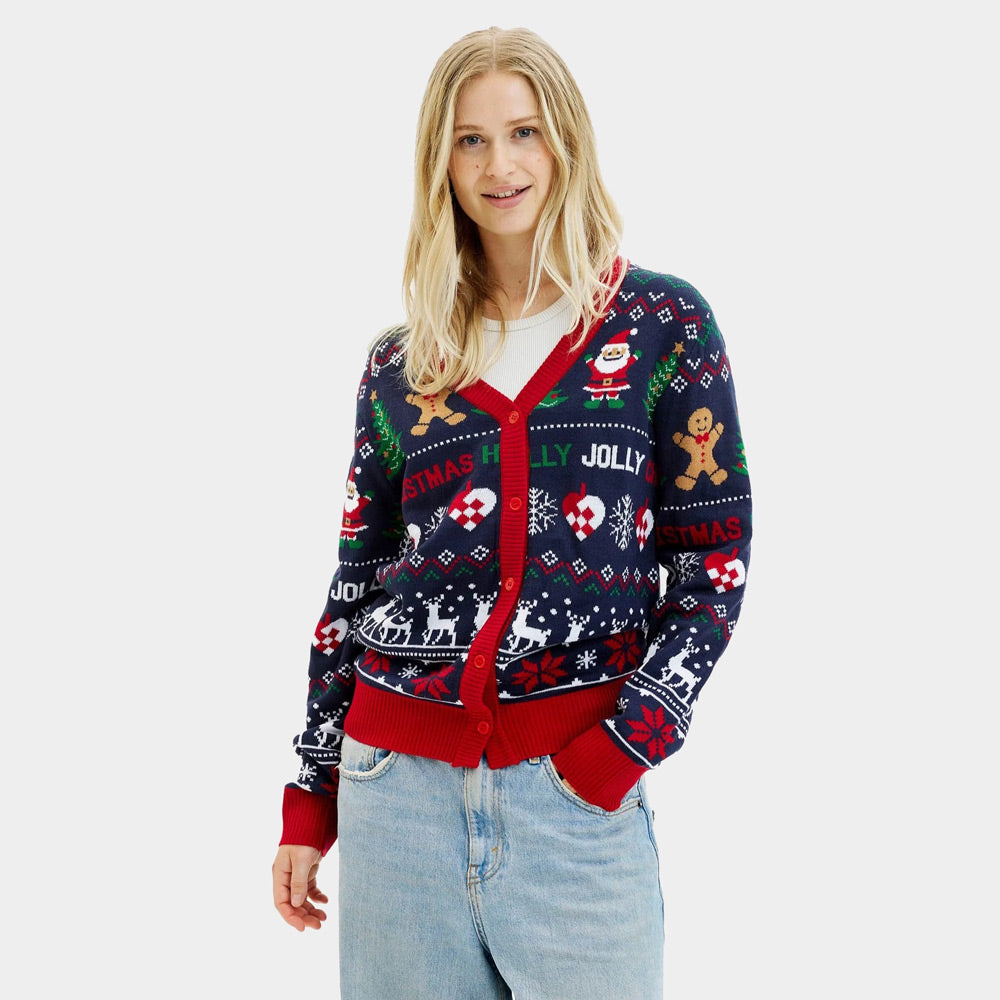 Women s Blue and Red Cardigan Christmas Jumper Christmas Jumper Shop