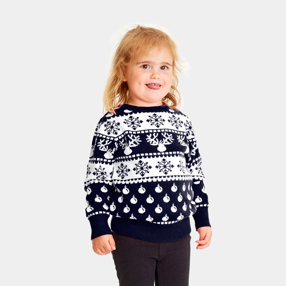 Blue Boys and Girls Christmas Jumper with Reindeers and Snow ...