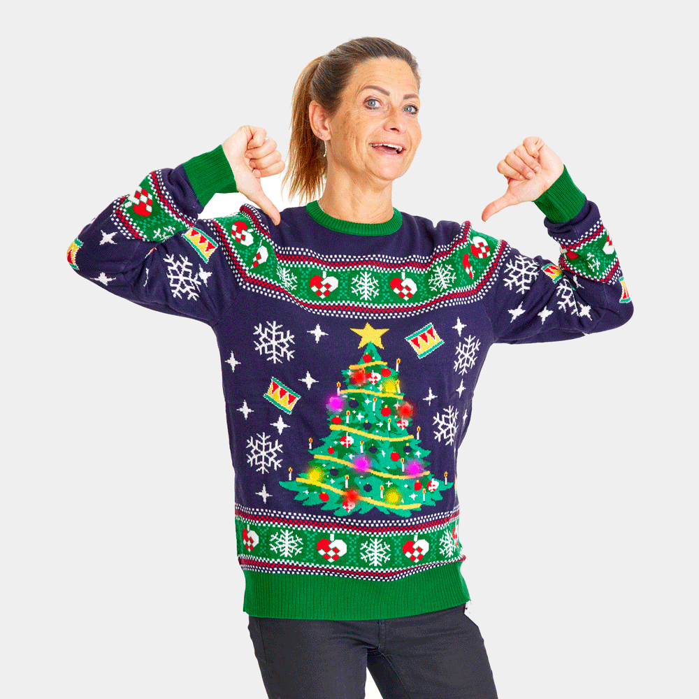 Blue LED light-up Womens Christmas Jumper with Christmas Tree ...