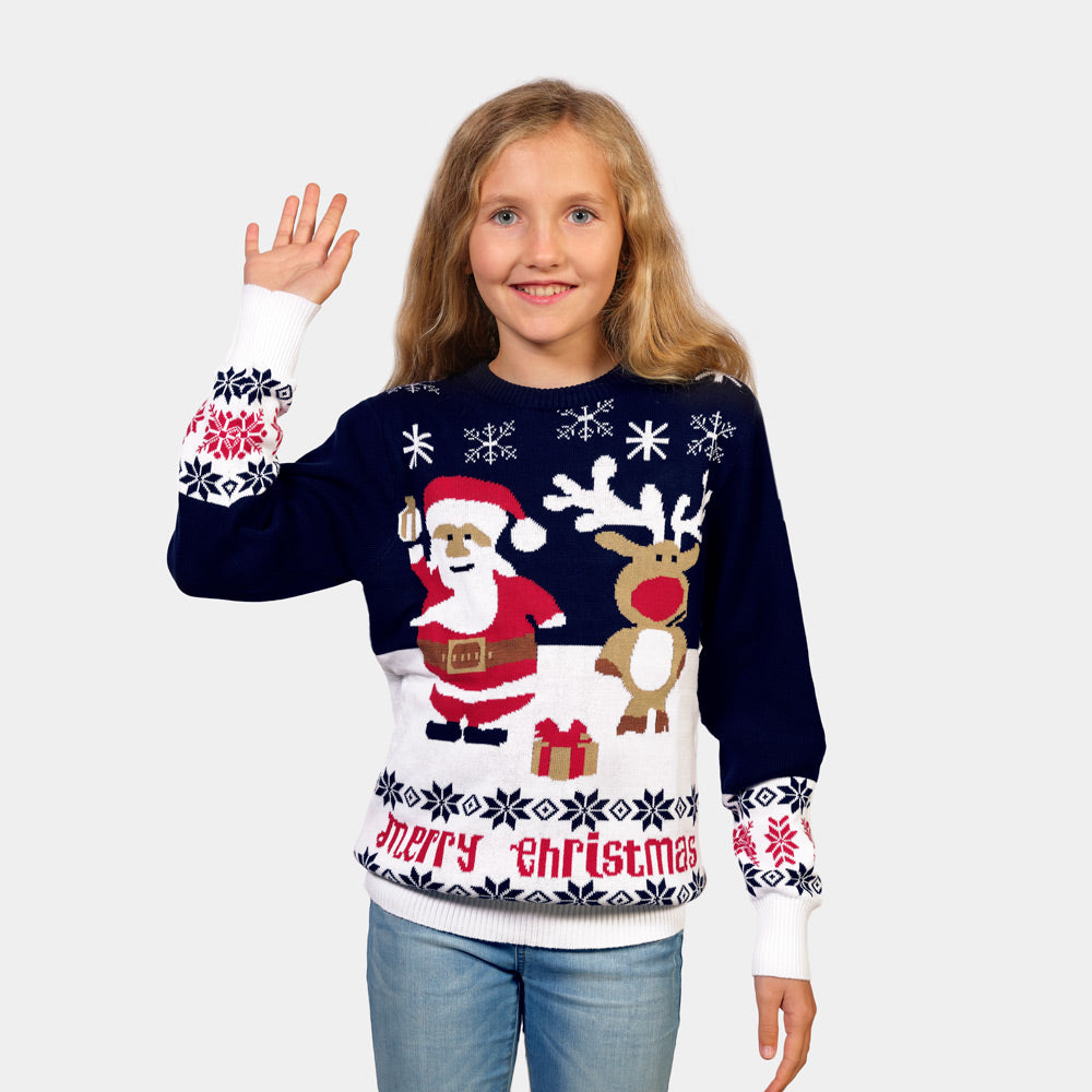 Blue Organic Cotton Family Christmas Jumper with Santa and Rudolph ...