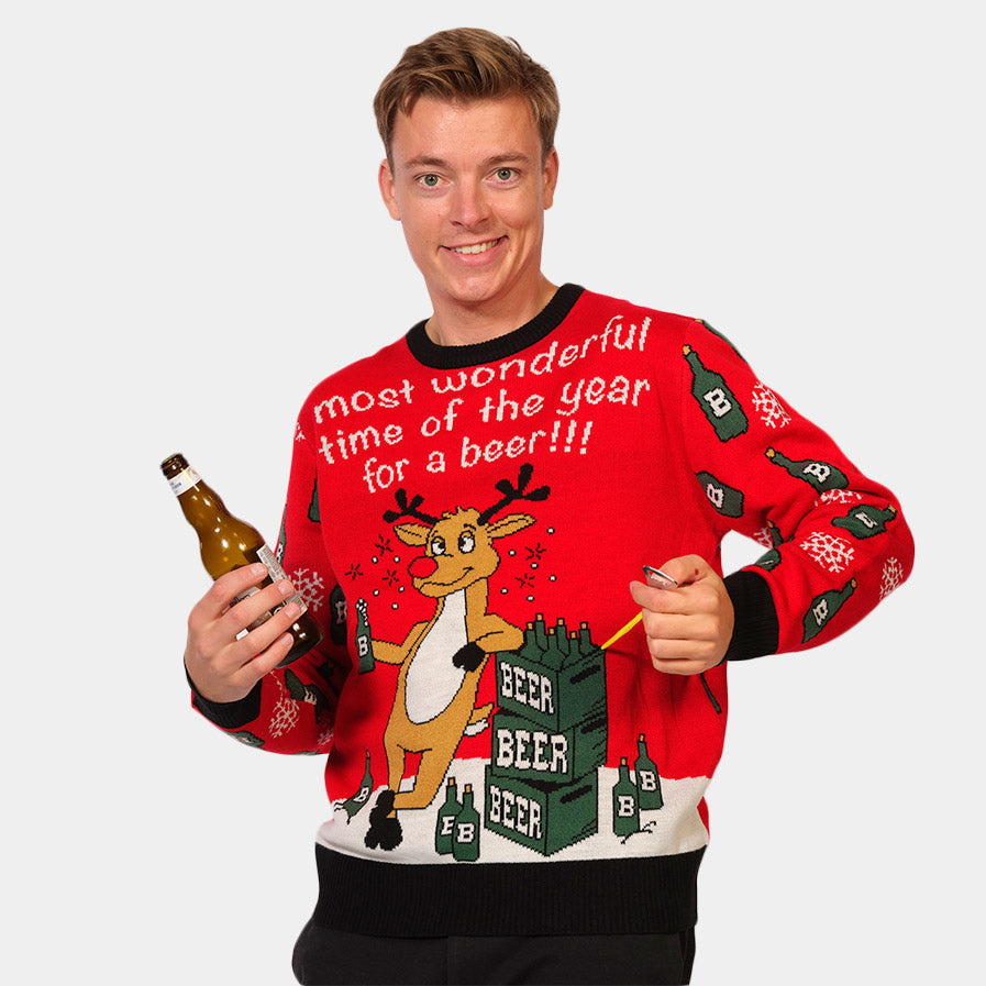 Mens Christmas Jumper with Reindeer + Beer Opener – Christmas Jumper Shop