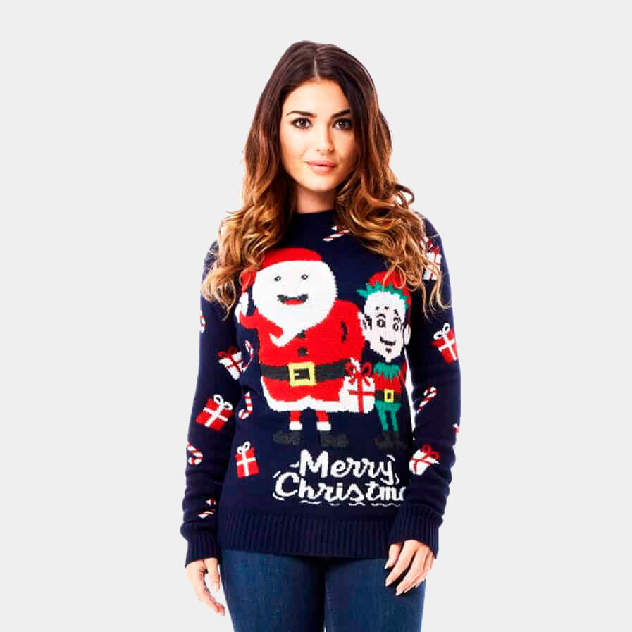 Womens Christmas Jumper with Santa and Elf – Christmas Jumper Shop