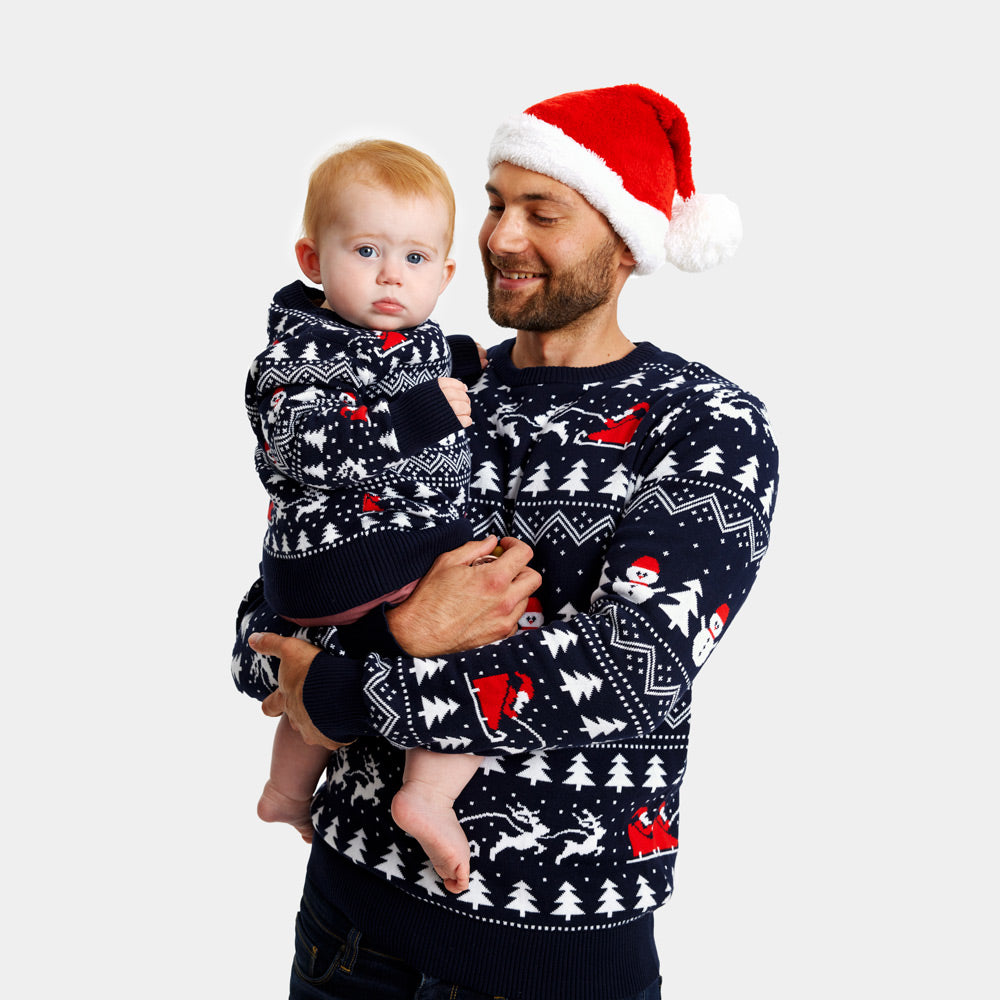 Matching Family Blue Christmas Jumper with Trees, Snowmen and Santa ...