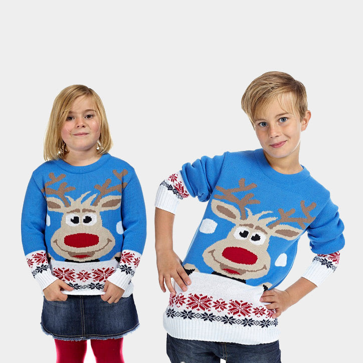 Light Blue Boys and Girls Christmas Jumper with Reindeer and Snow ...