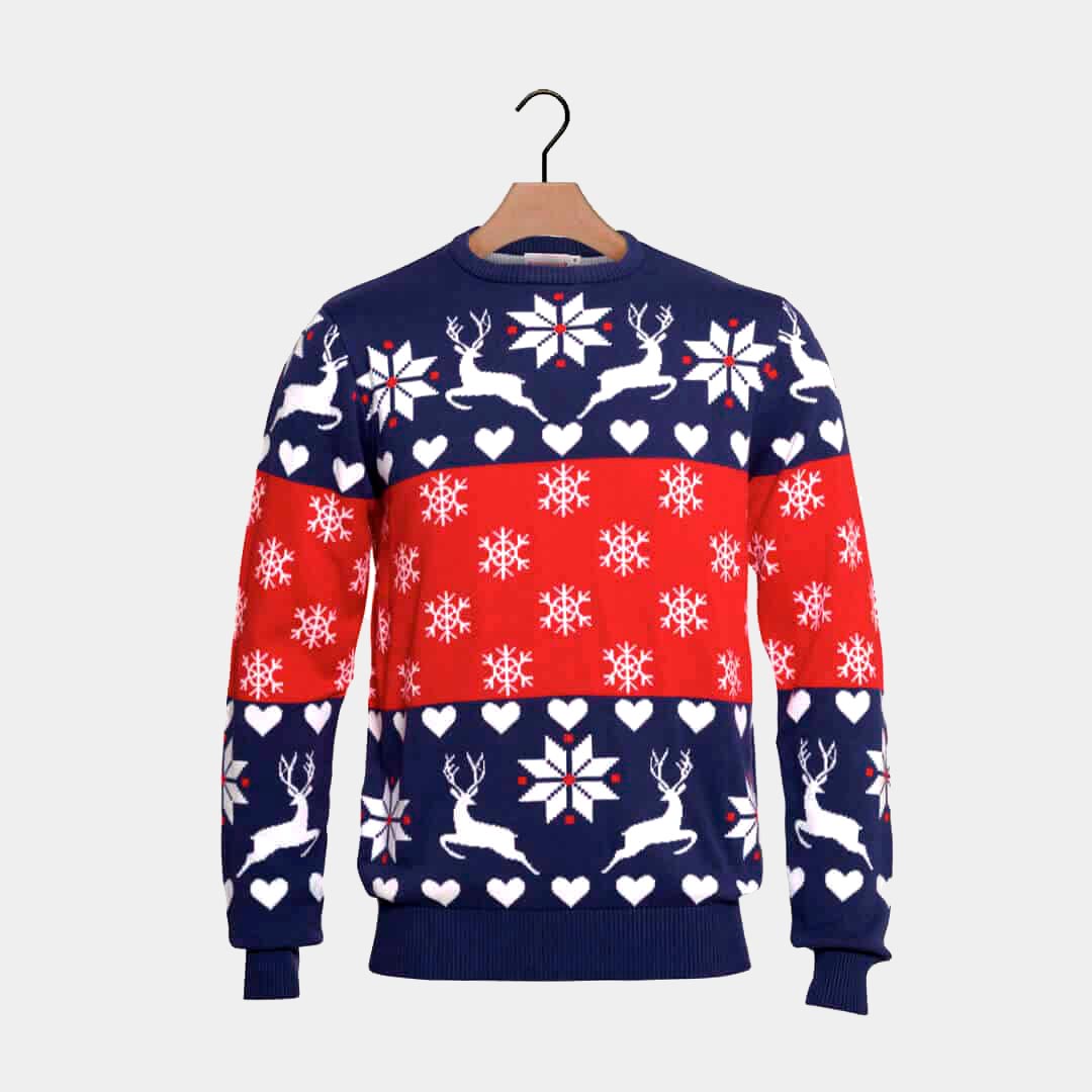 Red and Blue Womens Christmas Jumper with Reindeers and Hearts ...