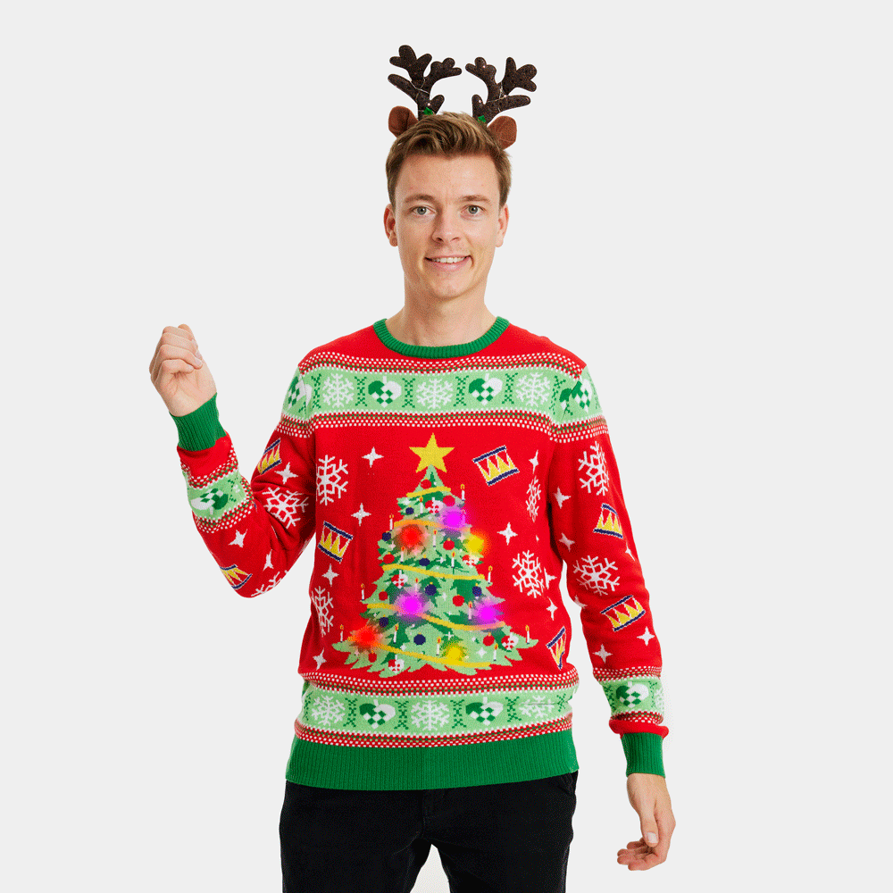 Red LED light-up Mens Christmas Jumper with Christmas Tree – Christmas ...