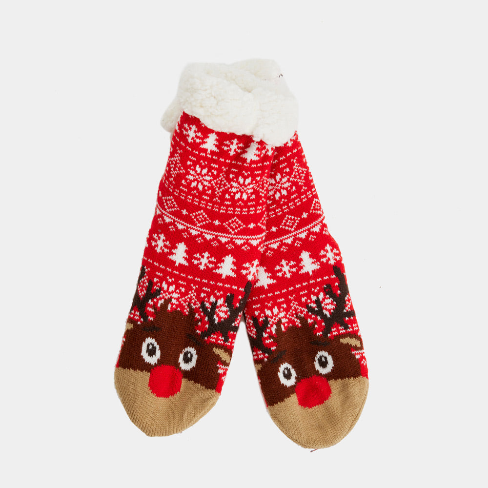 Red Fluffy Christmas Socks with Trees and Reindeer – Christmas Jumper Shop